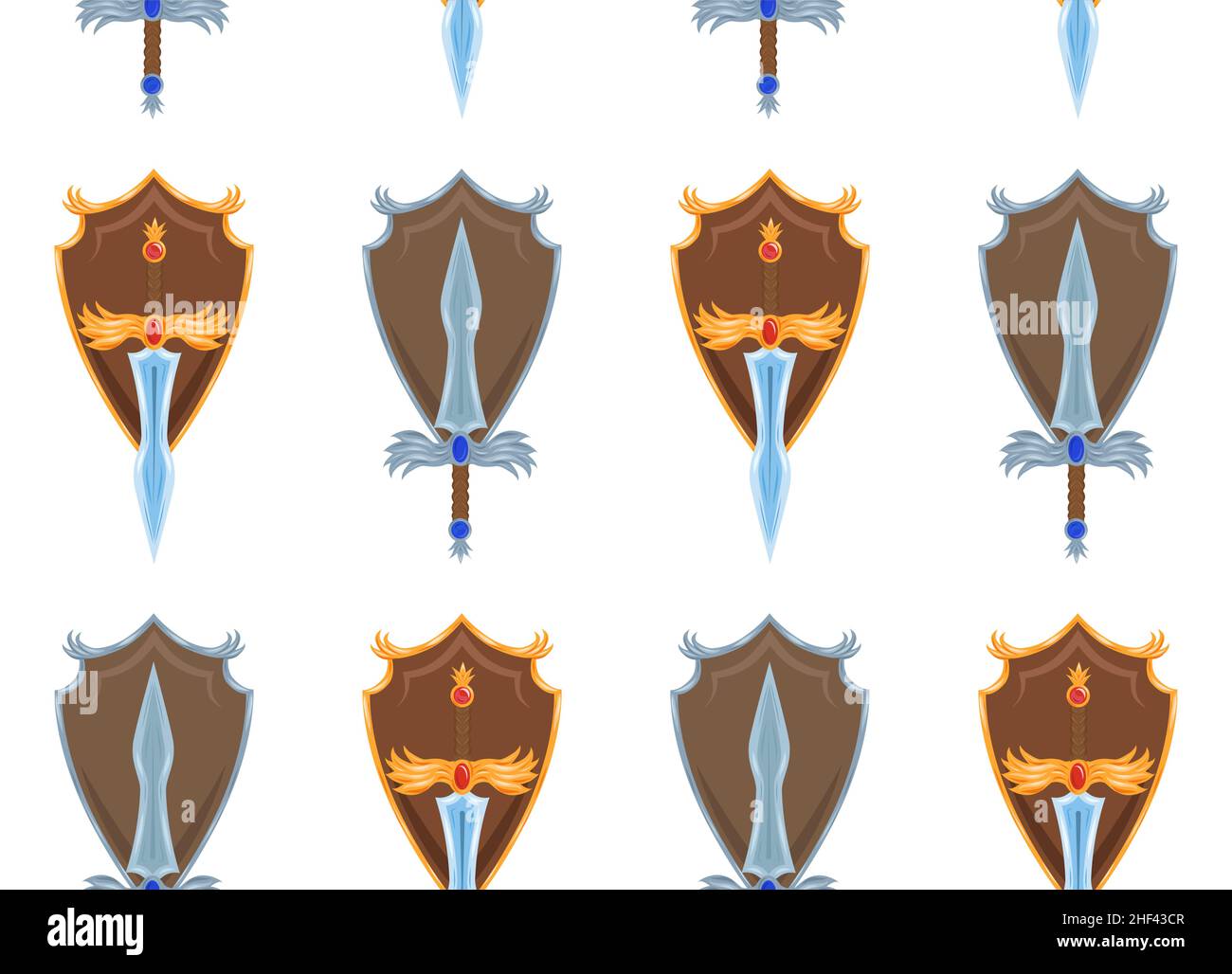 Vector seamless pattern with cartoon swords and shields on white ...