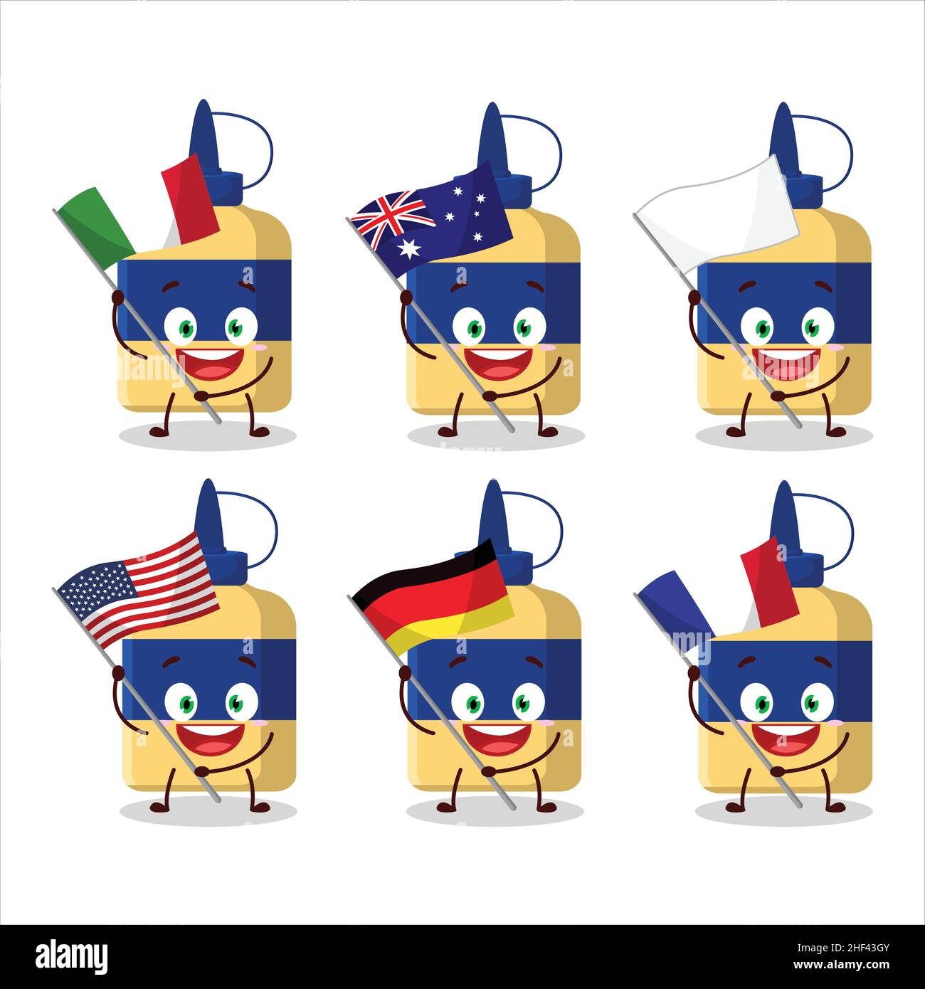 Paper Glue Cartoon Character Bring The Flags Of Various Countries