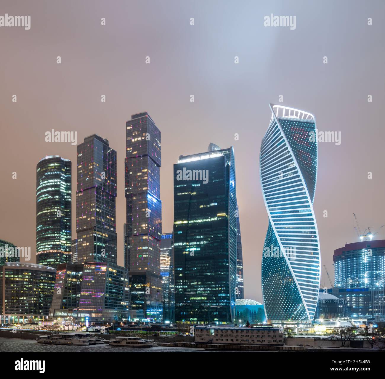 Moscow city at winter night. Modern skyscrapers in Moscow-city downtown ...