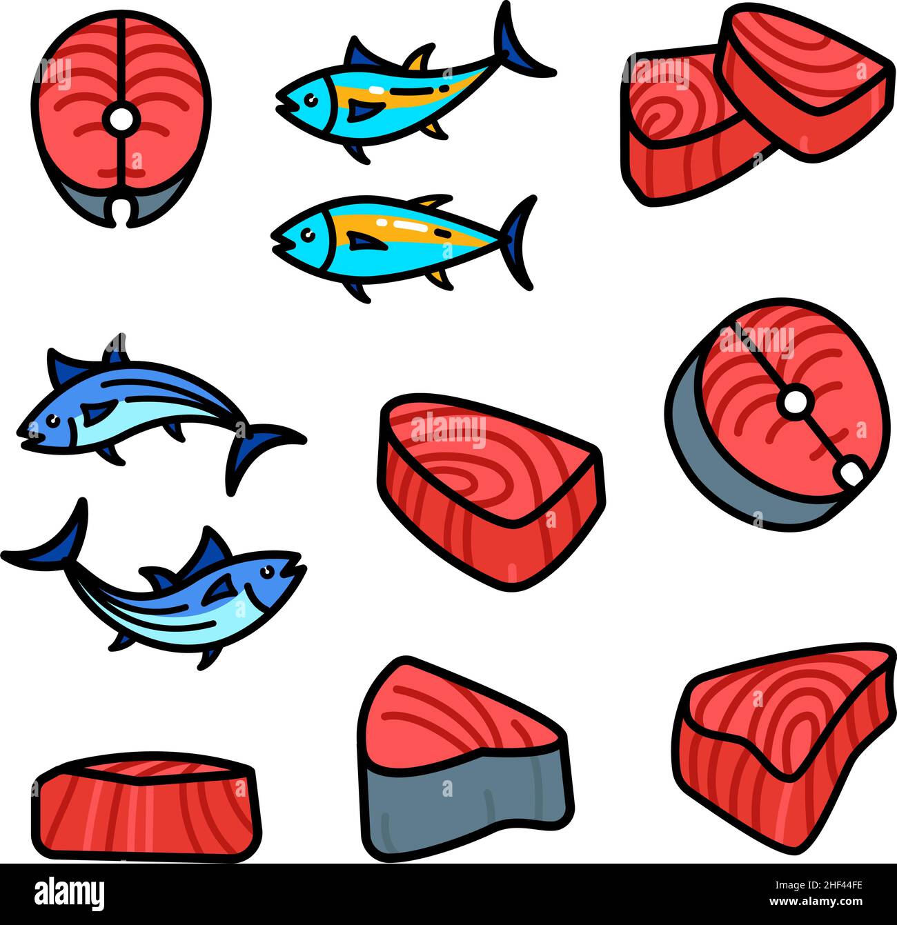 Tuna color icons set. Vector illustration collection of tuna fish for ...
