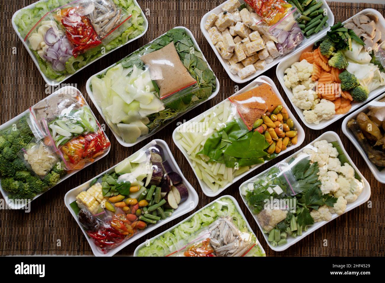 Top view of vegetables wrapped in polyethylene polymer foam packaging ...