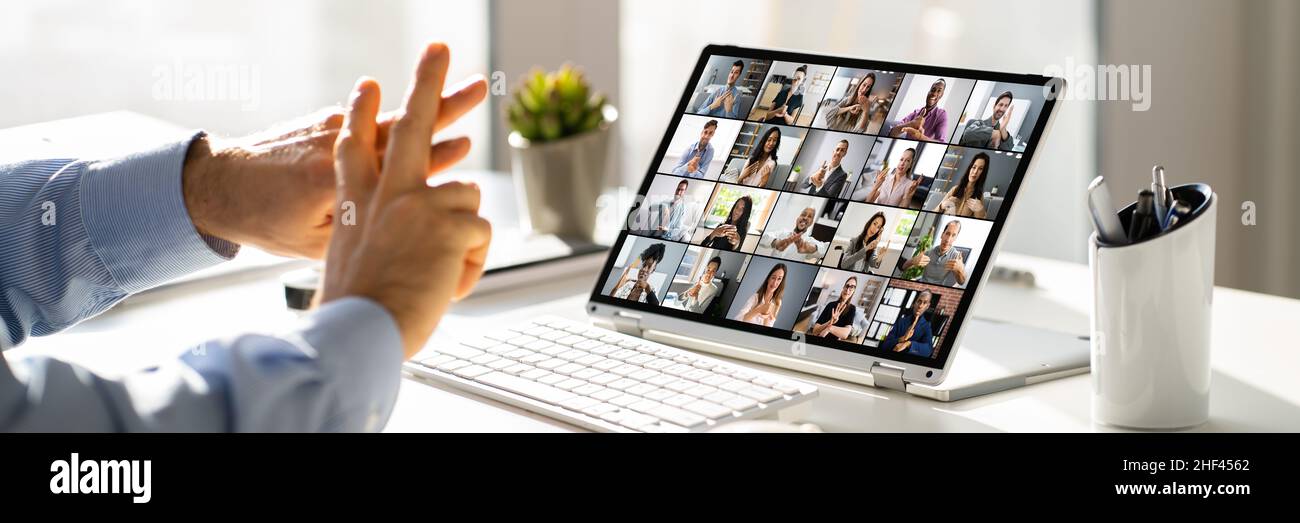 People Learning Deaf Sign Language In Video Conference Stock Photo - Alamy