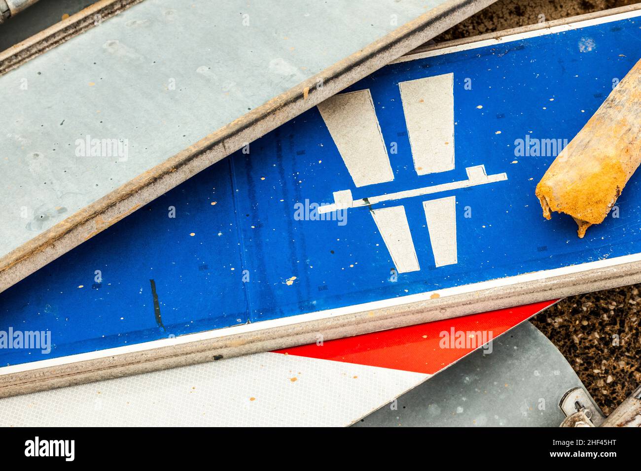 many traffic signs lying at the ground of the construction site Stock ...