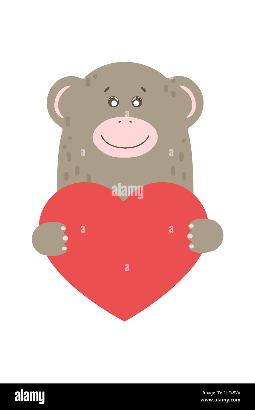 Cute cartoon monkey ape animal holds a heart sign with copy space. set ...