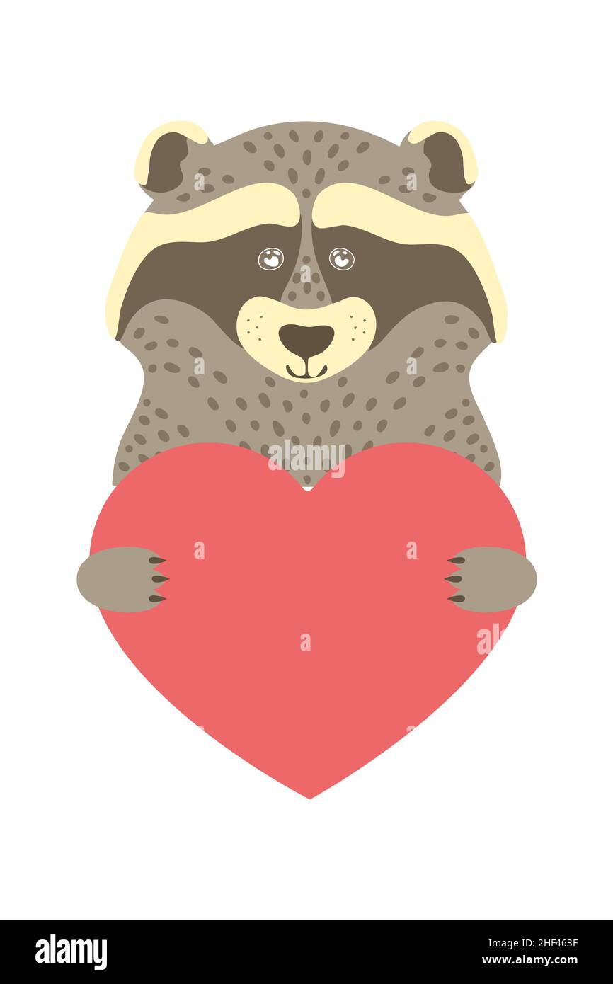 Cute cartoon raccoon animal holds a heart sign with copy space. set ...