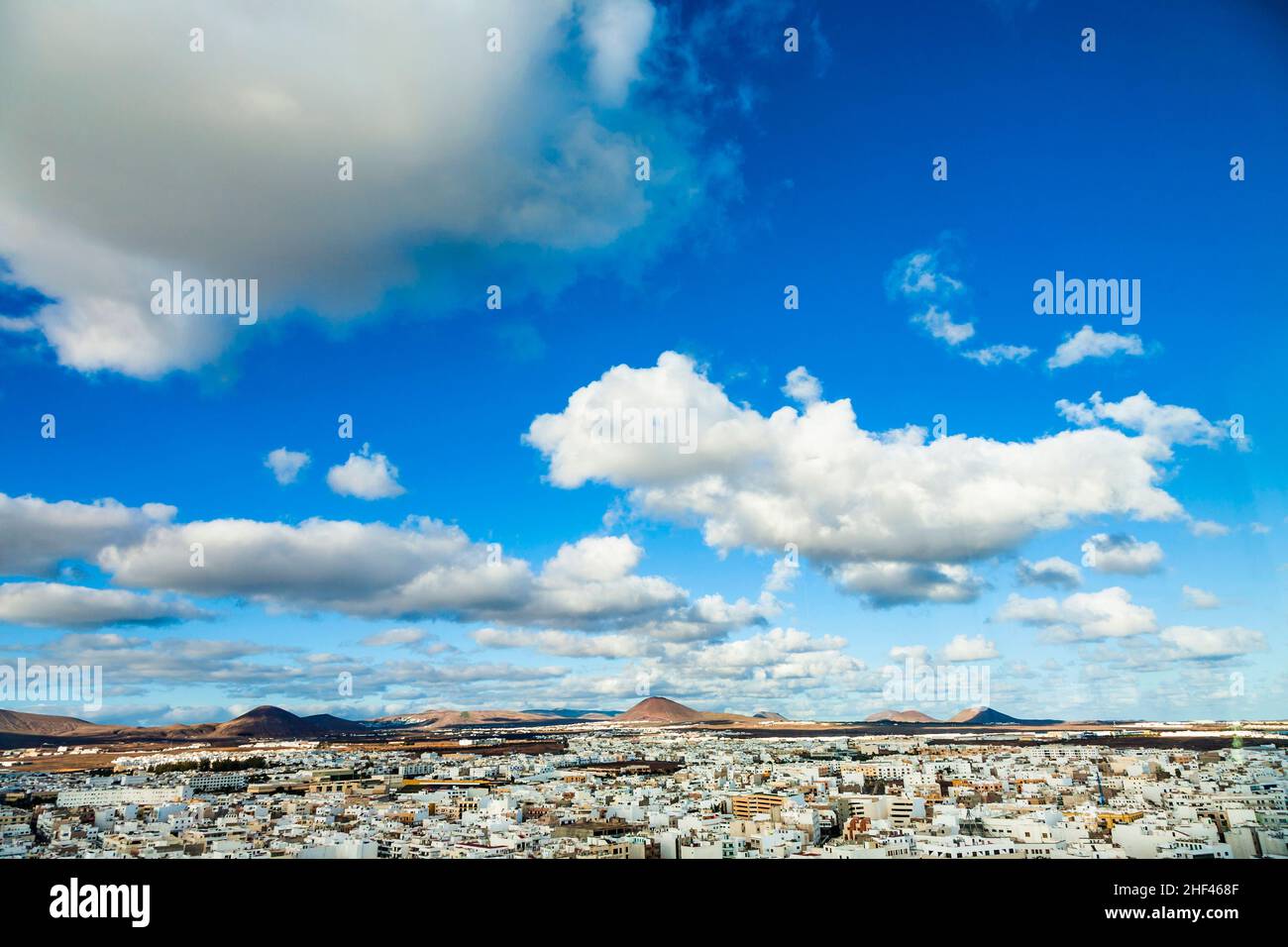 view to Arrecife and the volcanos of Lanzarote Stock Photo - Alamy