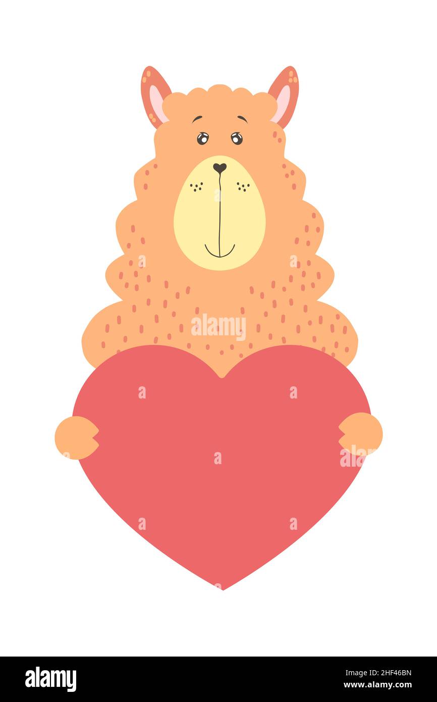 Cute cartoon alpaca llama animal holds a heart sign with copy space ...