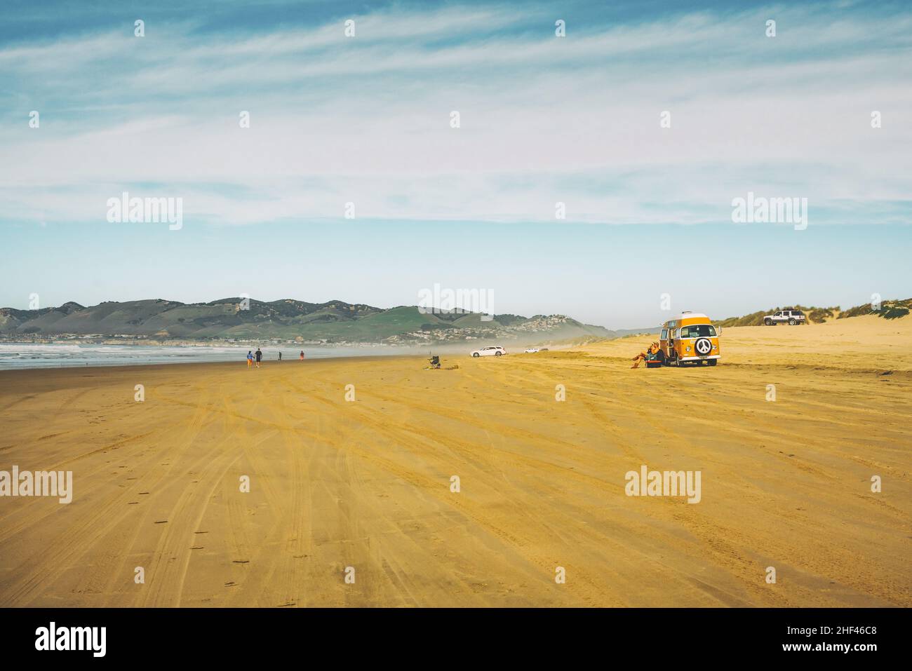 Oceano, California, USA - January 12, 2022. Wide sandy beach, an old ...
