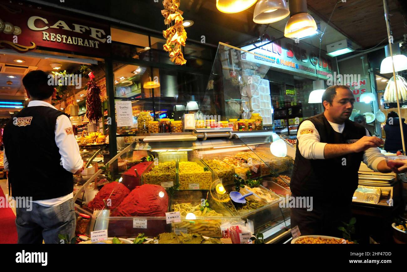 A shop selling Turkish pickles, Olives and spices at the vibrant market ...