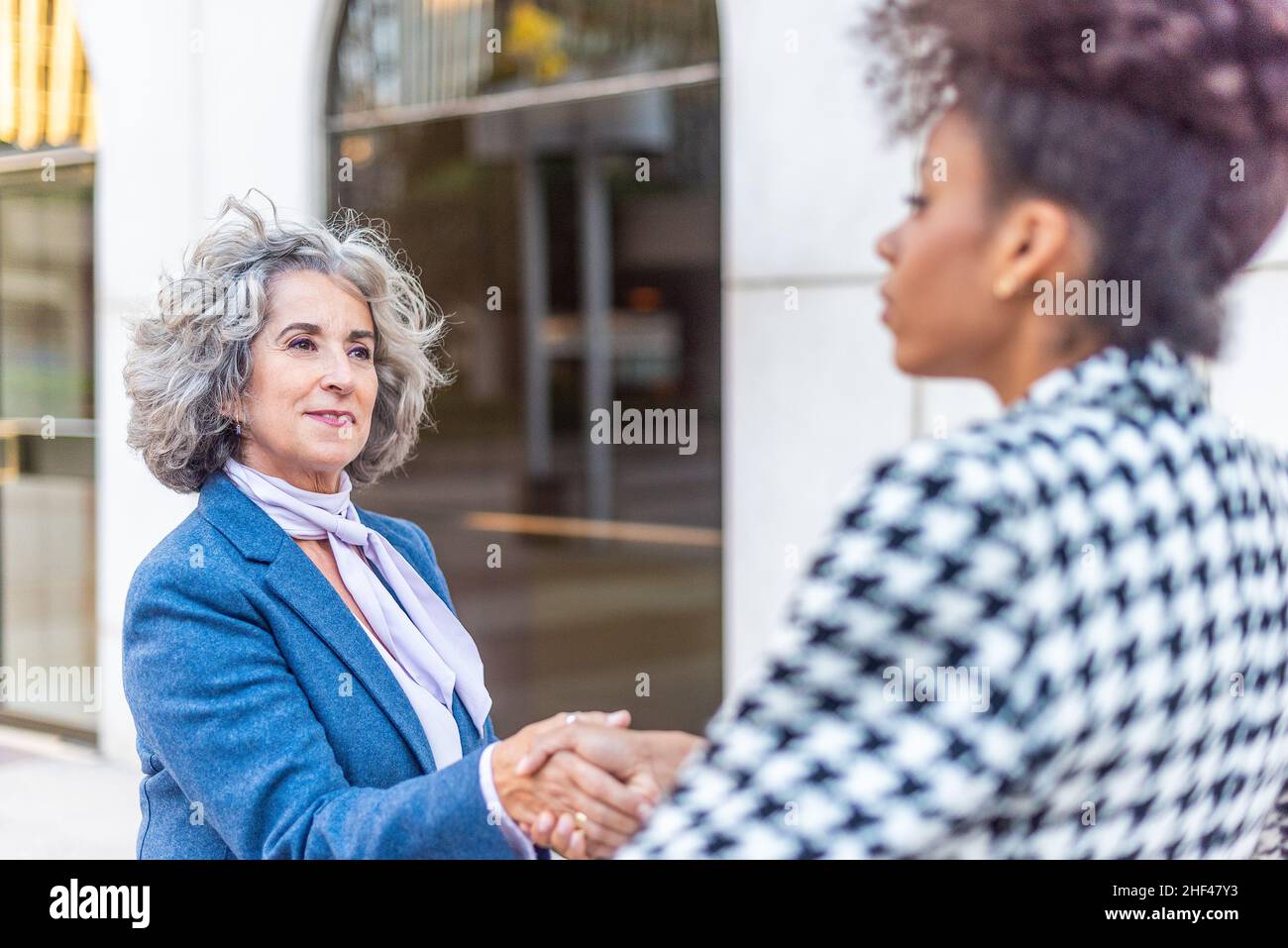 side view of two women agreeing to work together Stock Photo - Alamy