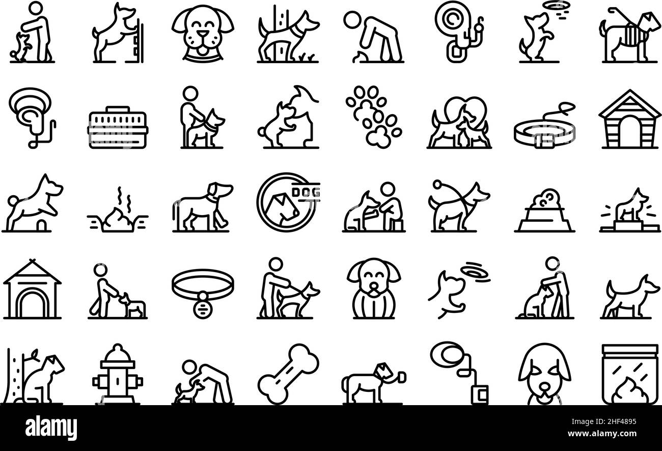 Dog walk icons set outline vector. Pet owner. Animal leash Stock Vector ...