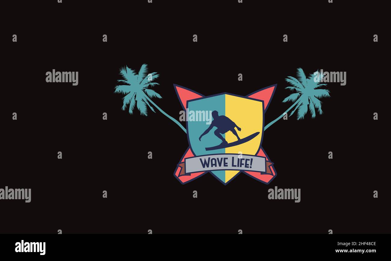 wave life man on surfboard monogram text vector template Stock Vector ...