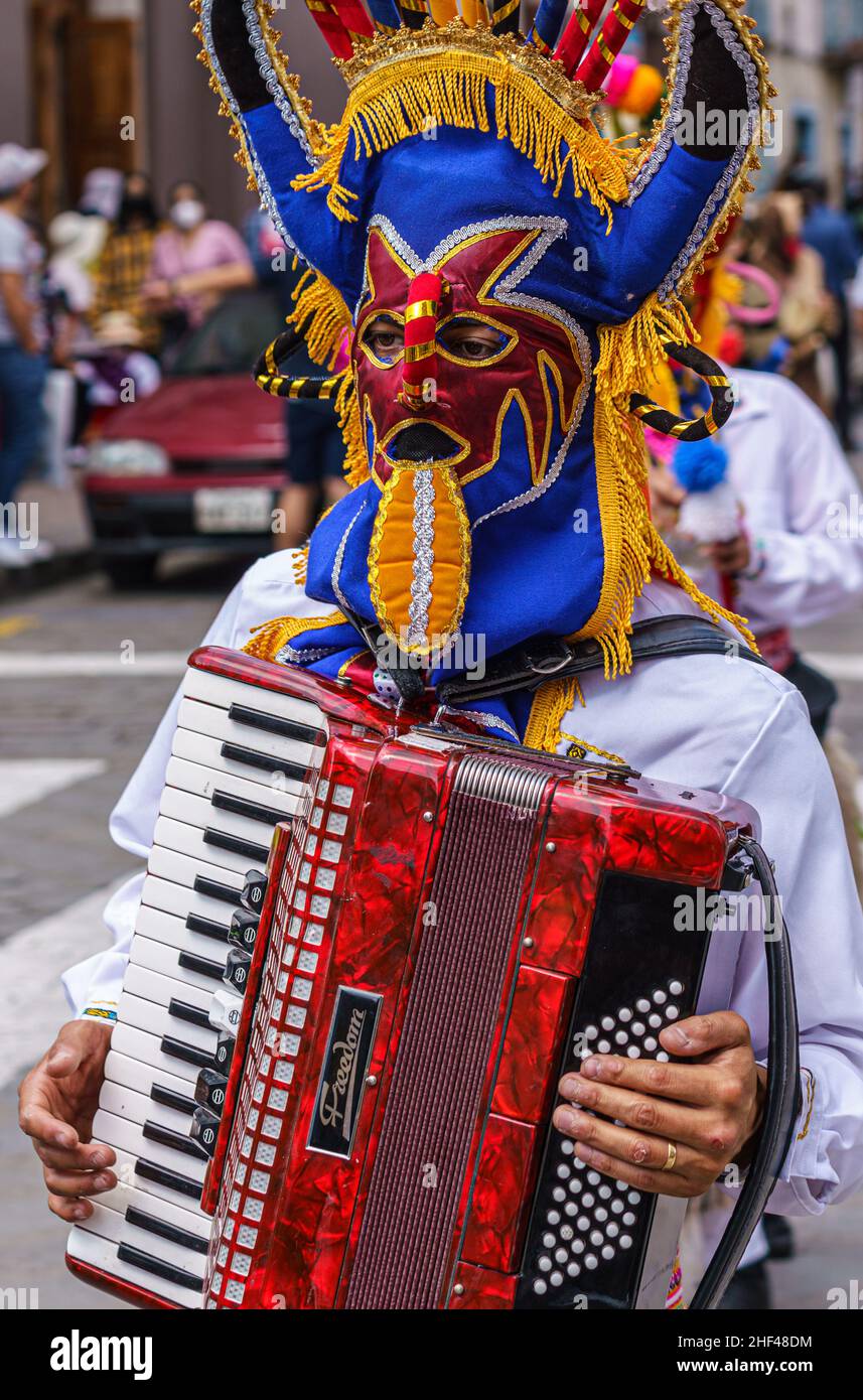 cuenca, Ecuador, Dec 24, 2021 - Man plays xylophone in the traditional ...