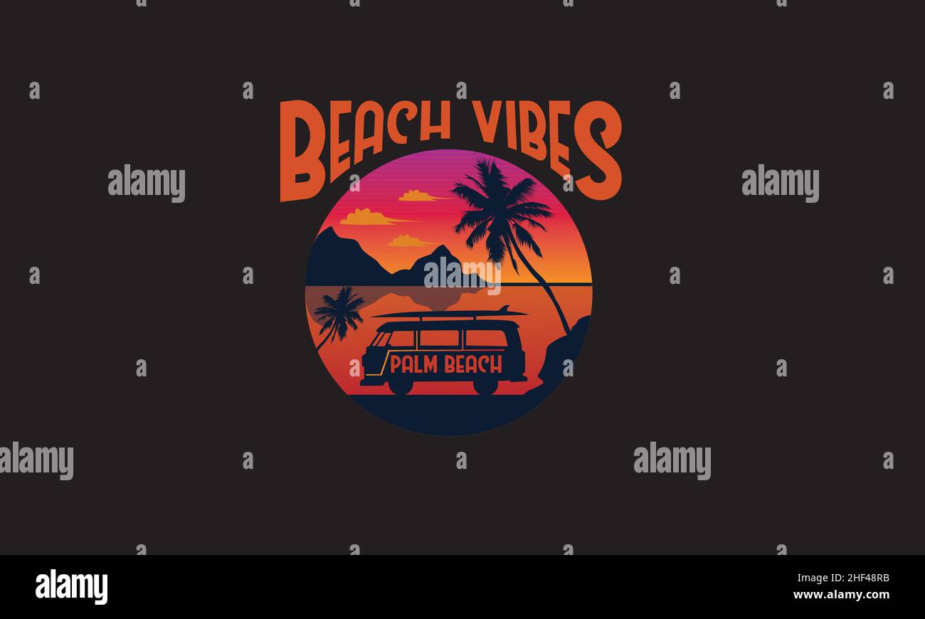 sunset beach vibes bus with palm trees monogram text vector template ...