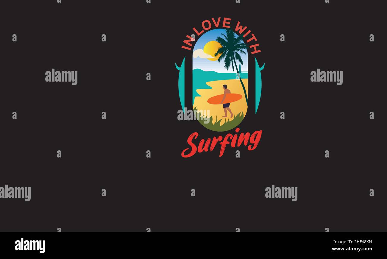 in love with surfing man holding surfboard monogram text vector ...