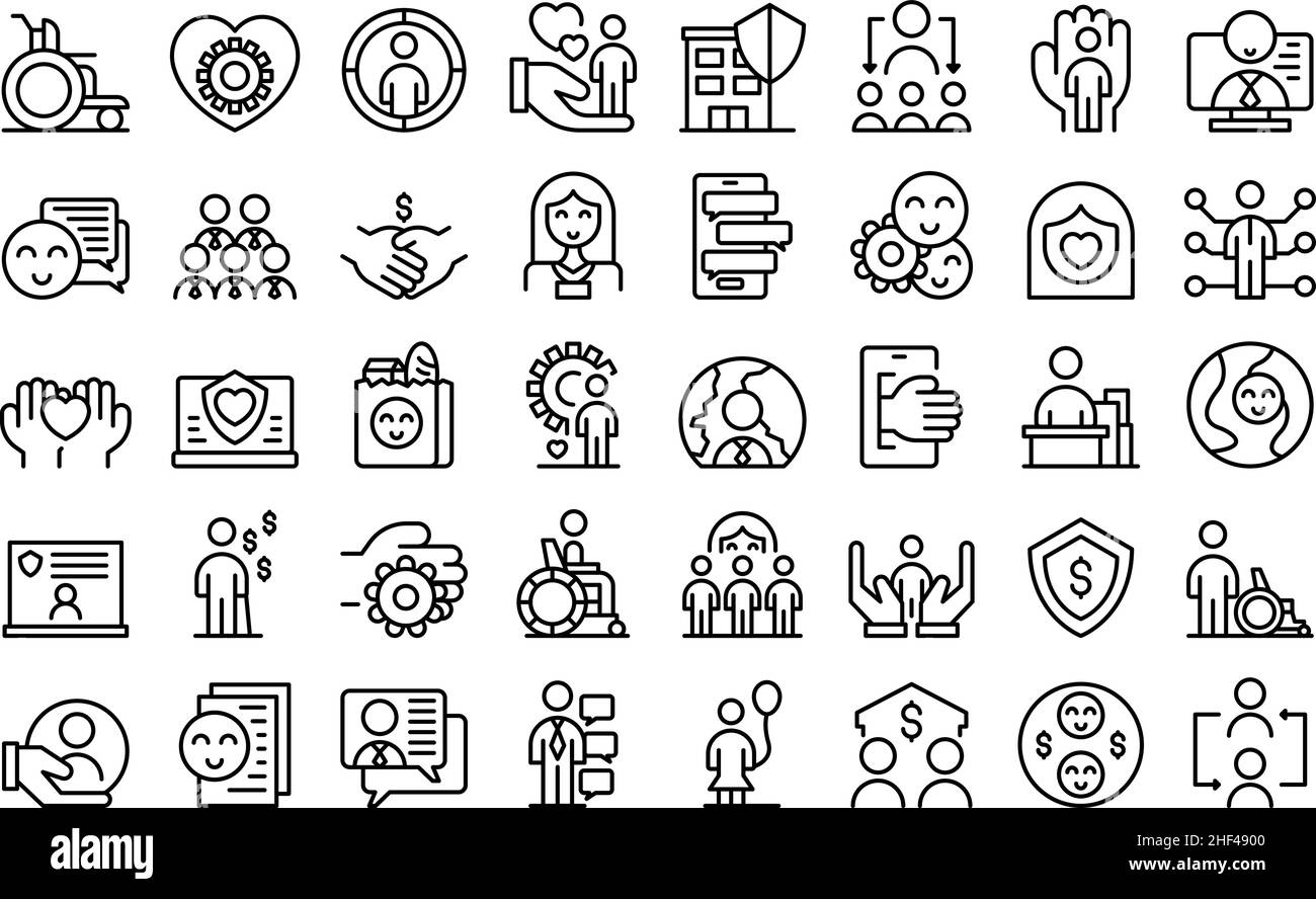 Social worker icons set outline vector. Elder care. Senior people Stock ...