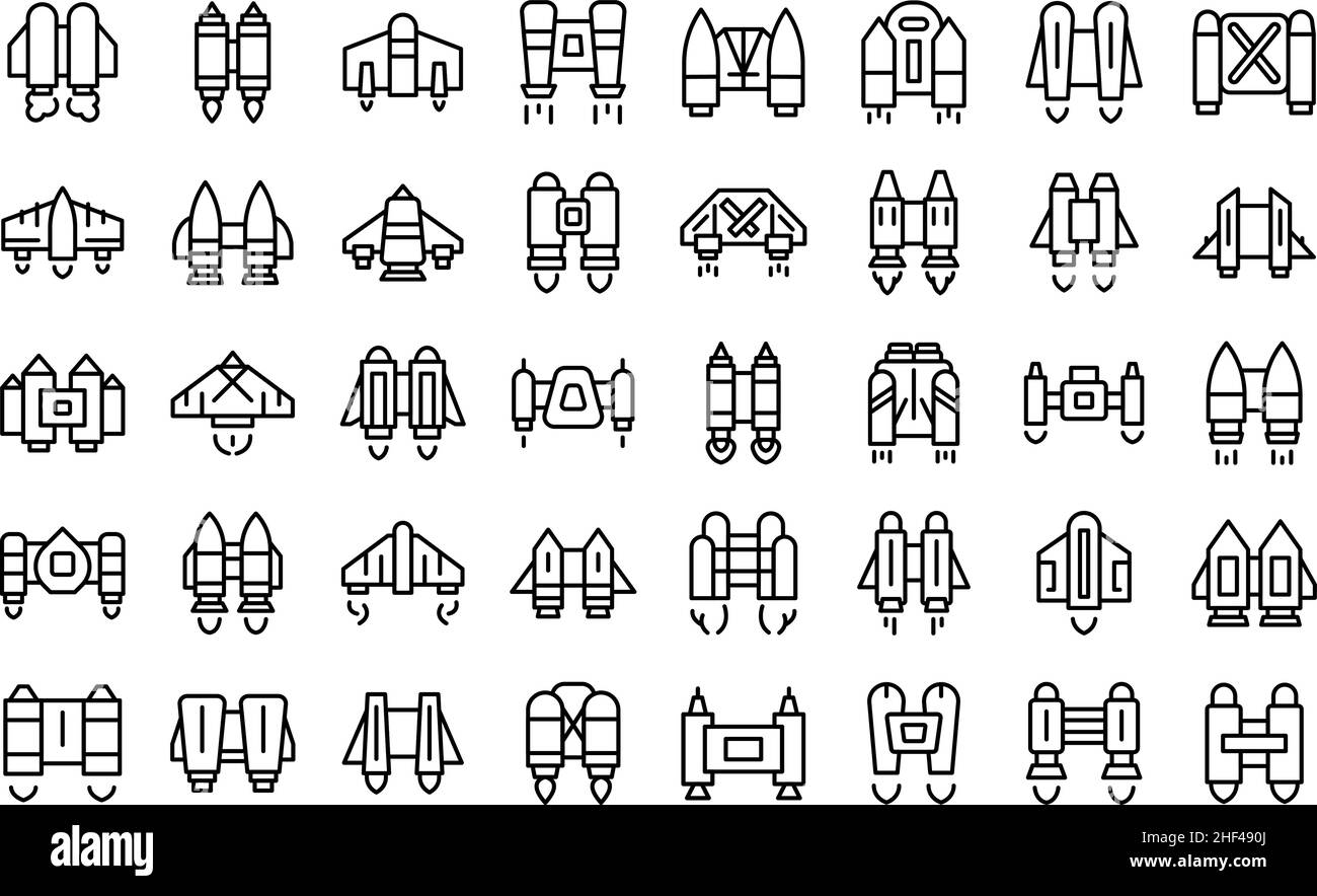 Jetpack icons set outline vector. Rocket fly. Kid school Stock Vector ...