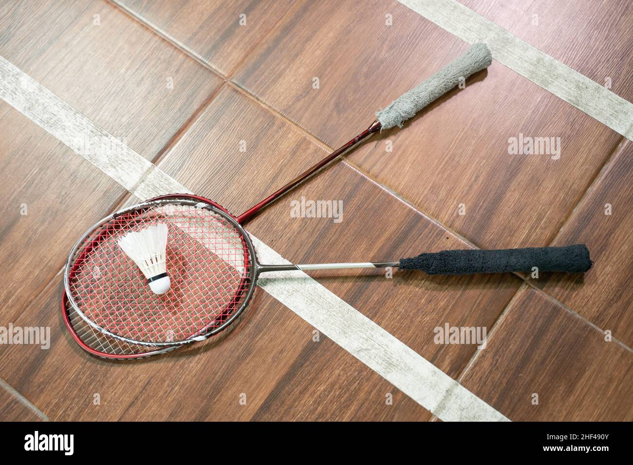 Two rackets and shuttlecocks on the badminton court floor Stock Photo ...