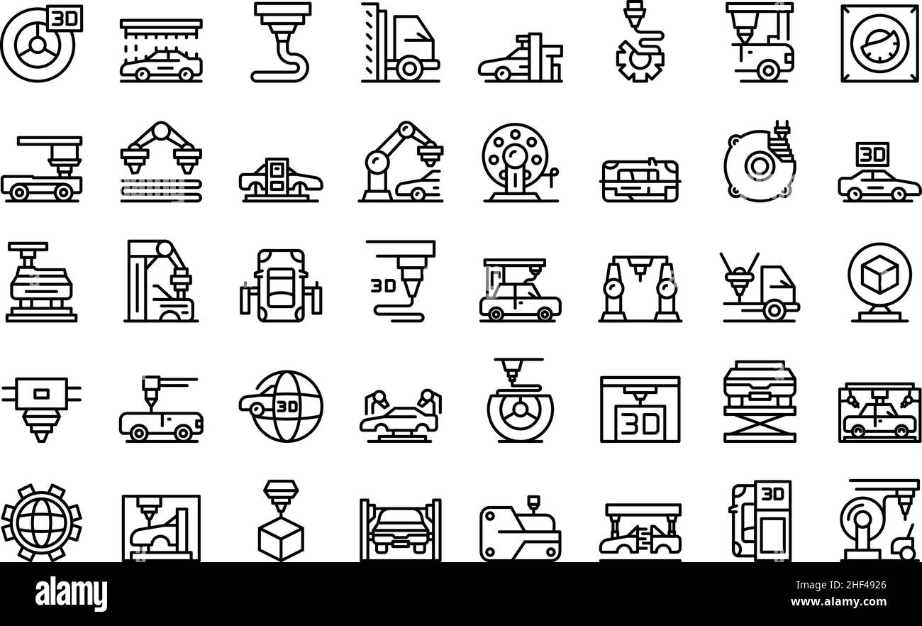 3D cars printing icons set outline vector. Computer printer. Car auto ...