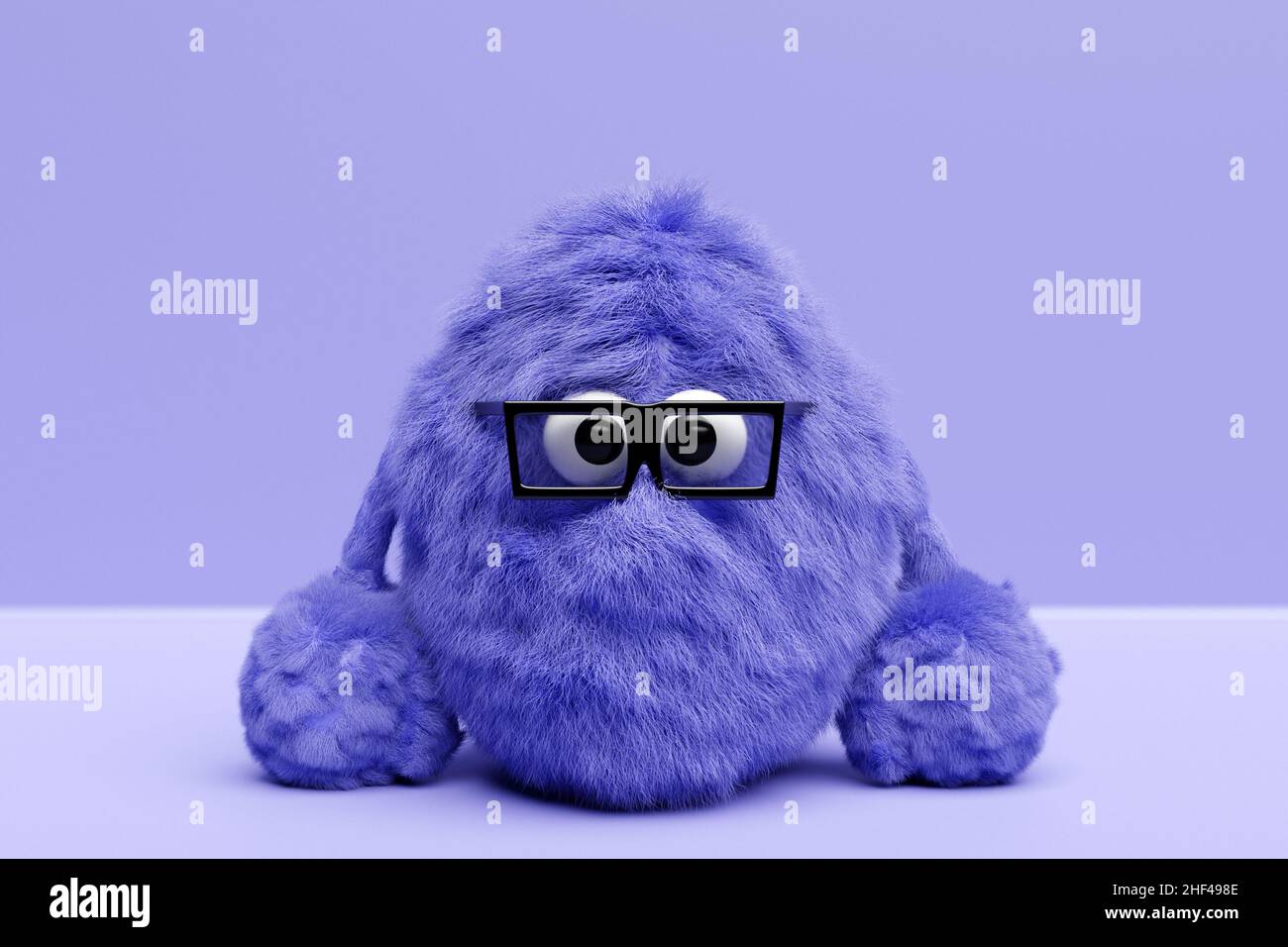 3D illustration of a funny furry purple monster with eyes and glasses ...