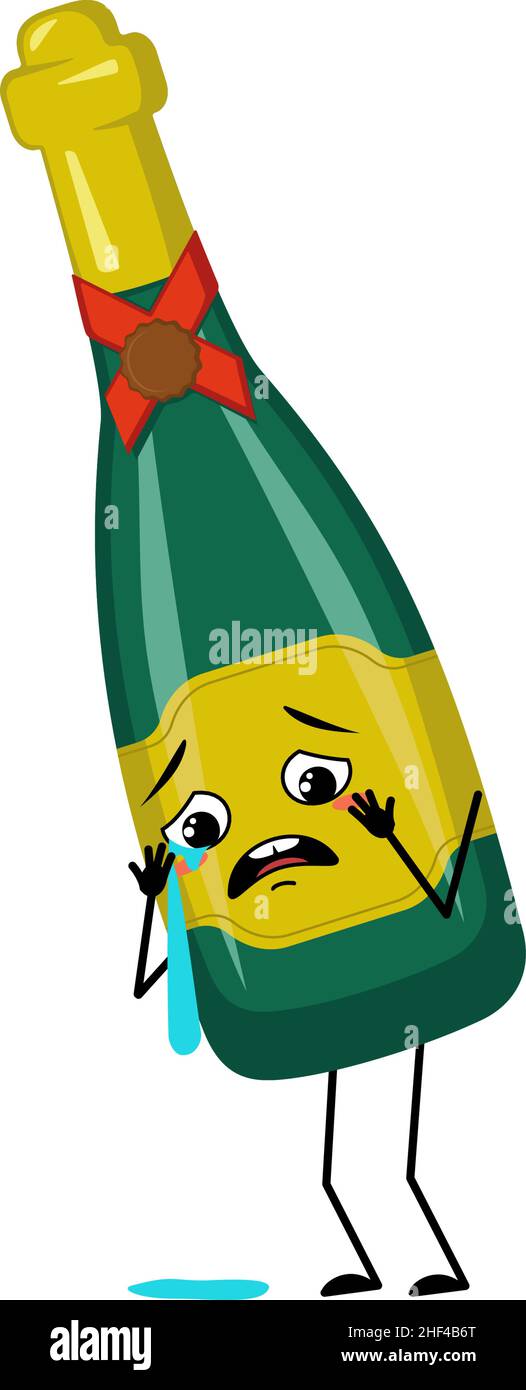 Bottle of sparkling wine character with crying and tears emotion, sad ...