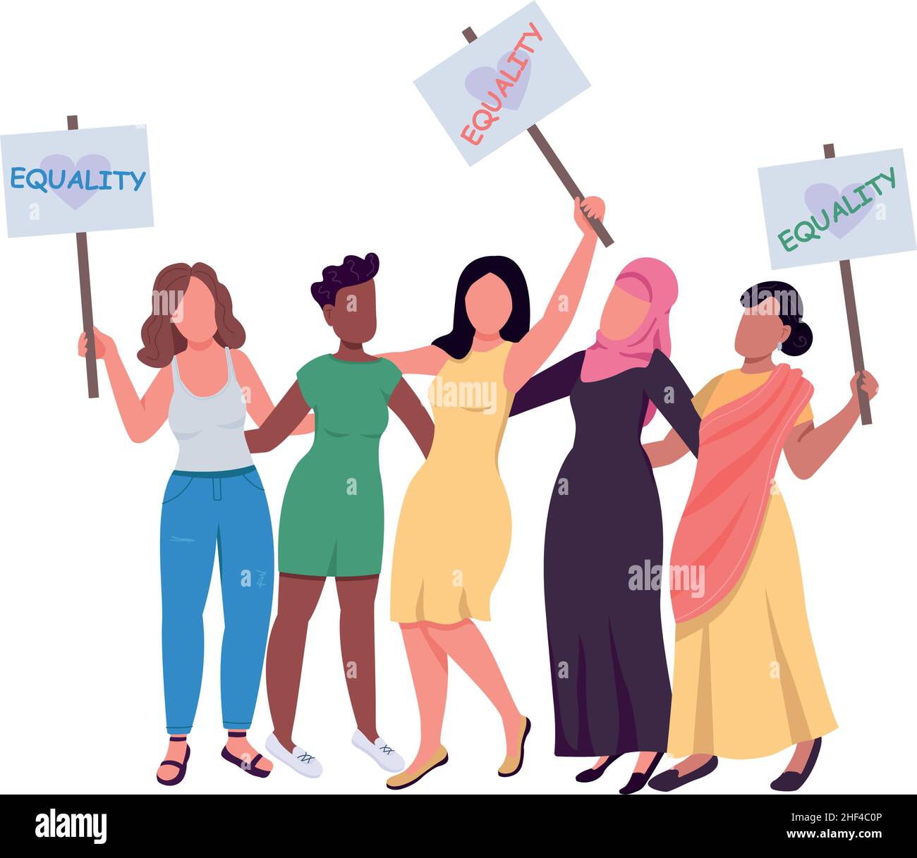 Women with equality message placards semi flat color vector characters ...