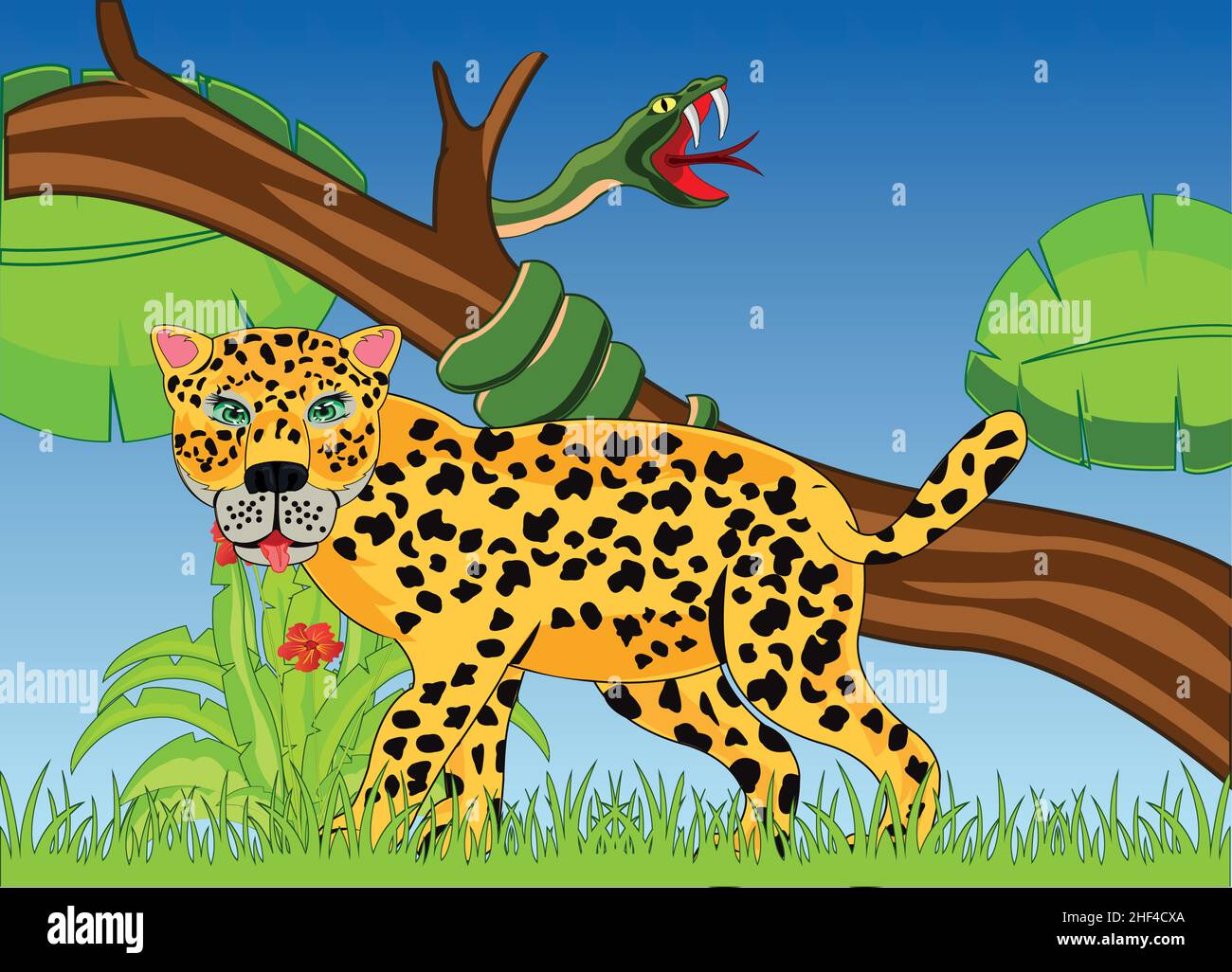Vector illustration of the wildlifes leopard and snake on background ...