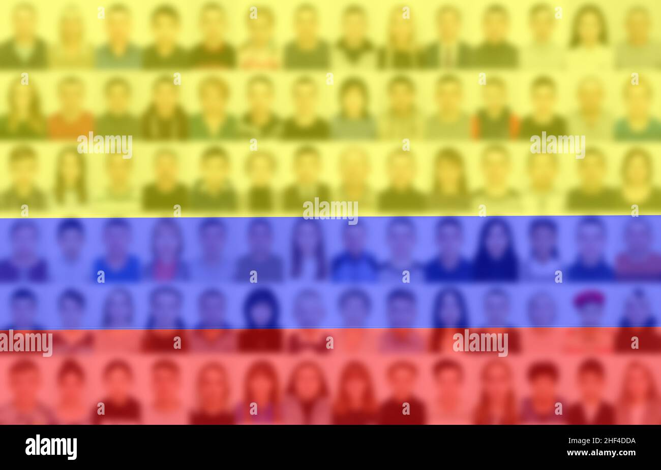 Portraits of many people on the background of the flag of Colombia. The ...