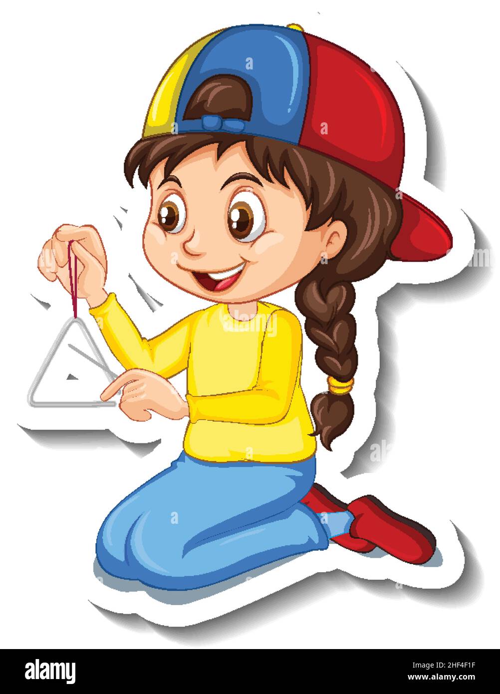 A girl playing triangle cartoon character sticker illustration Stock ...