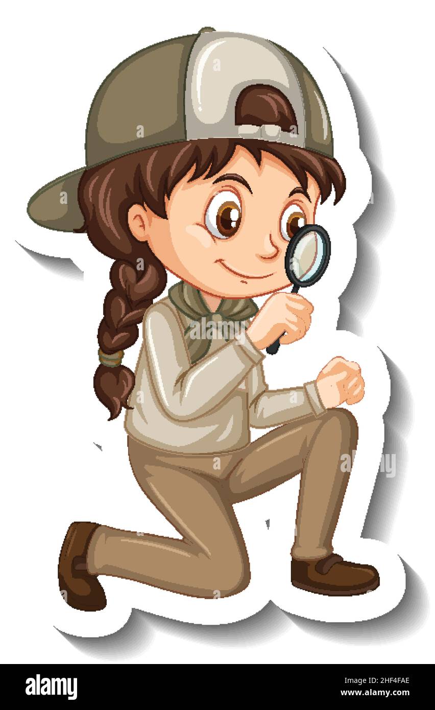 Girl in safari outfit cartoon character sticker illustration Stock ...