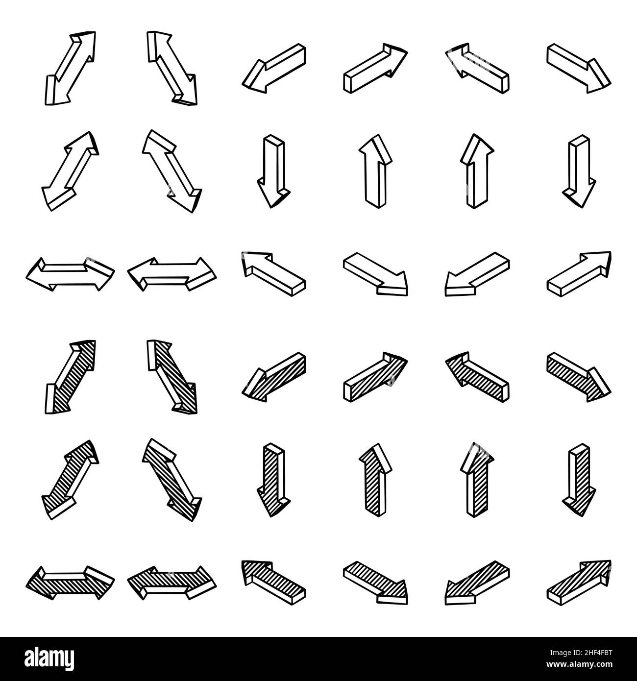 Set of isometric arrows. 3d black with hatching and without. Use as side pointers, loading ...
