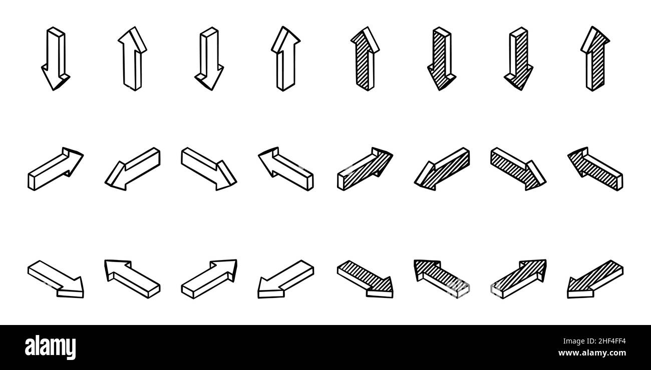 Set of isometric arrows. 3d black with hatching and without. Use as side pointers, loading ...