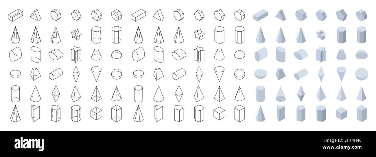 Set of 3d basic geometric shapes. Isometric view. Objects for school ...