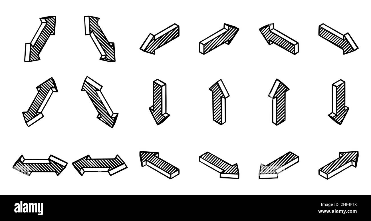 Set of isometric arrows. 3d black with hatching. Use as side pointers, loading, cursor, refresh ...