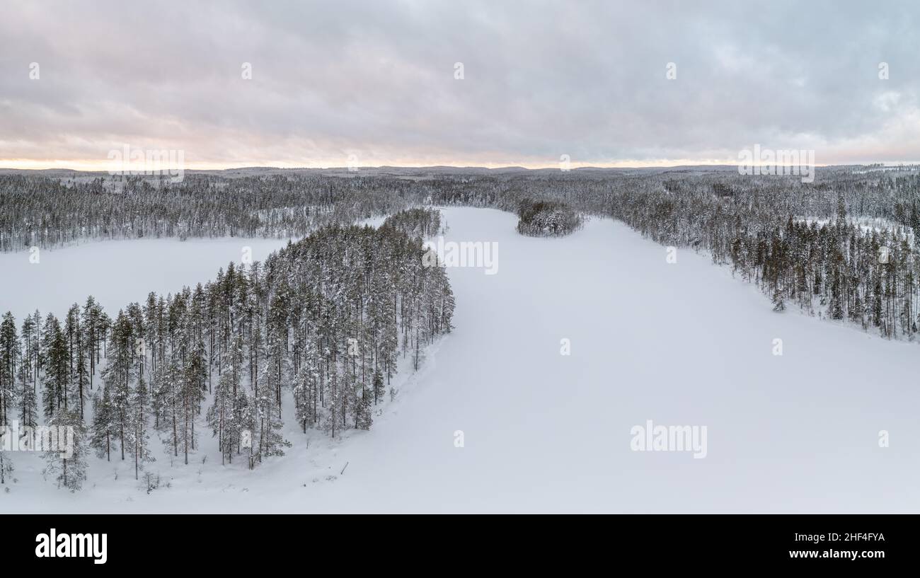 Aerial panorama view of a vast taiga landscape of far northern ...