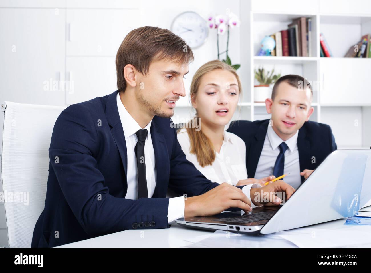 Business colleagues occupied with laptops Stock Photo - Alamy