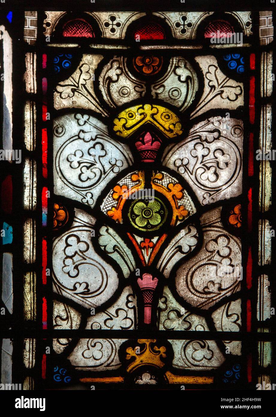 Stained glass Saint Stephen chapel, Bures, Suffolk, England, UK floral ...