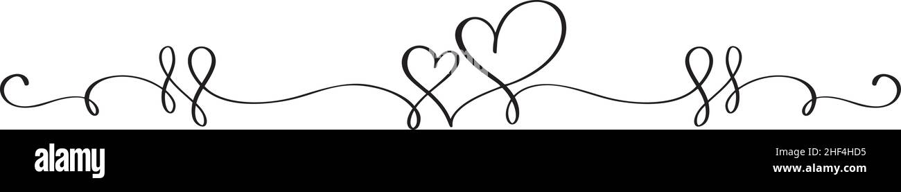 Vintage Flourish Vector divider Valentines Day Hand Drawn Black Calligraphic two Hearts ...