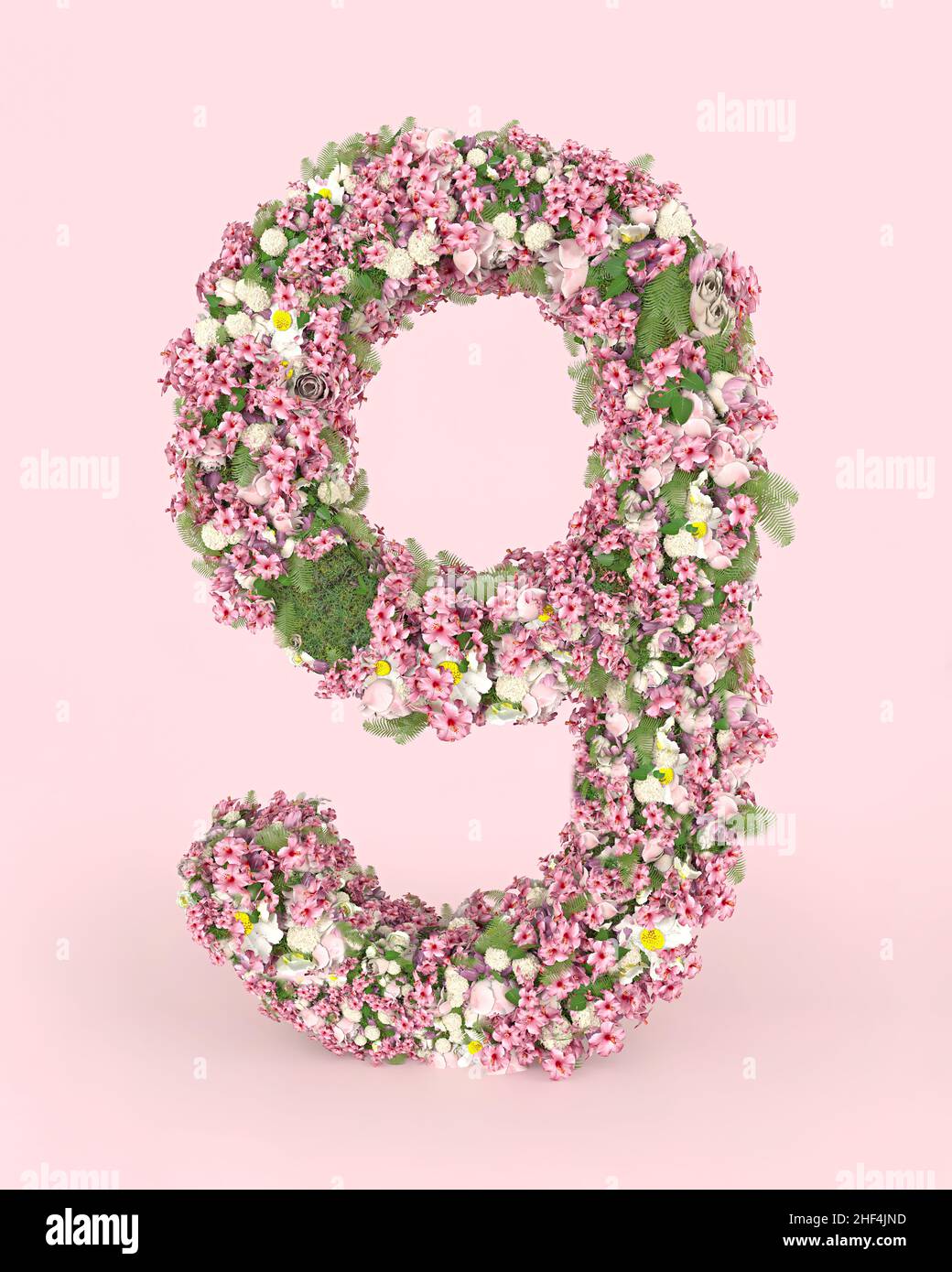 Creative number 9 concept made of fresh Spring wedding flowers. Flower ...