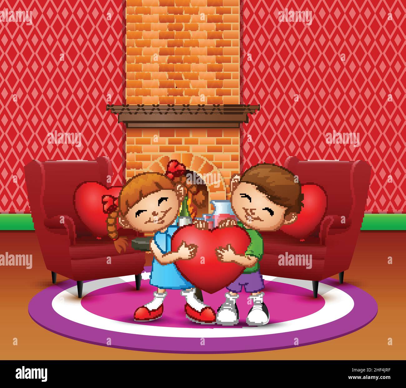 Cartoon couple kid holding heart in the living room Stock Vector Image ...