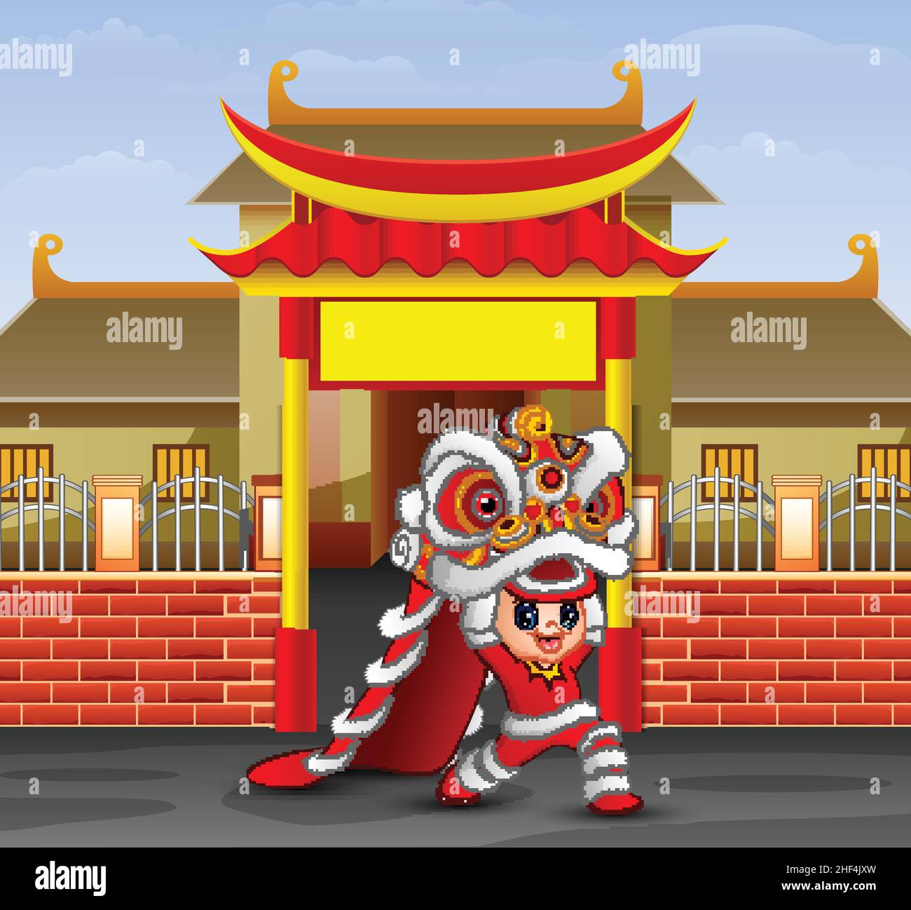 Kid playing chinese dragon dance in front of the temple Stock Vector ...