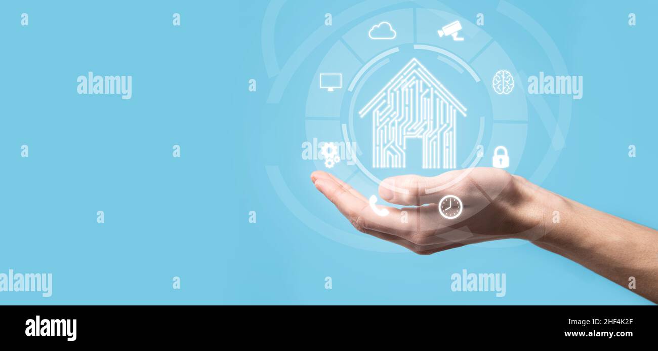 Hand hold house icon.Smart home controlled, intelligent house, and home ...