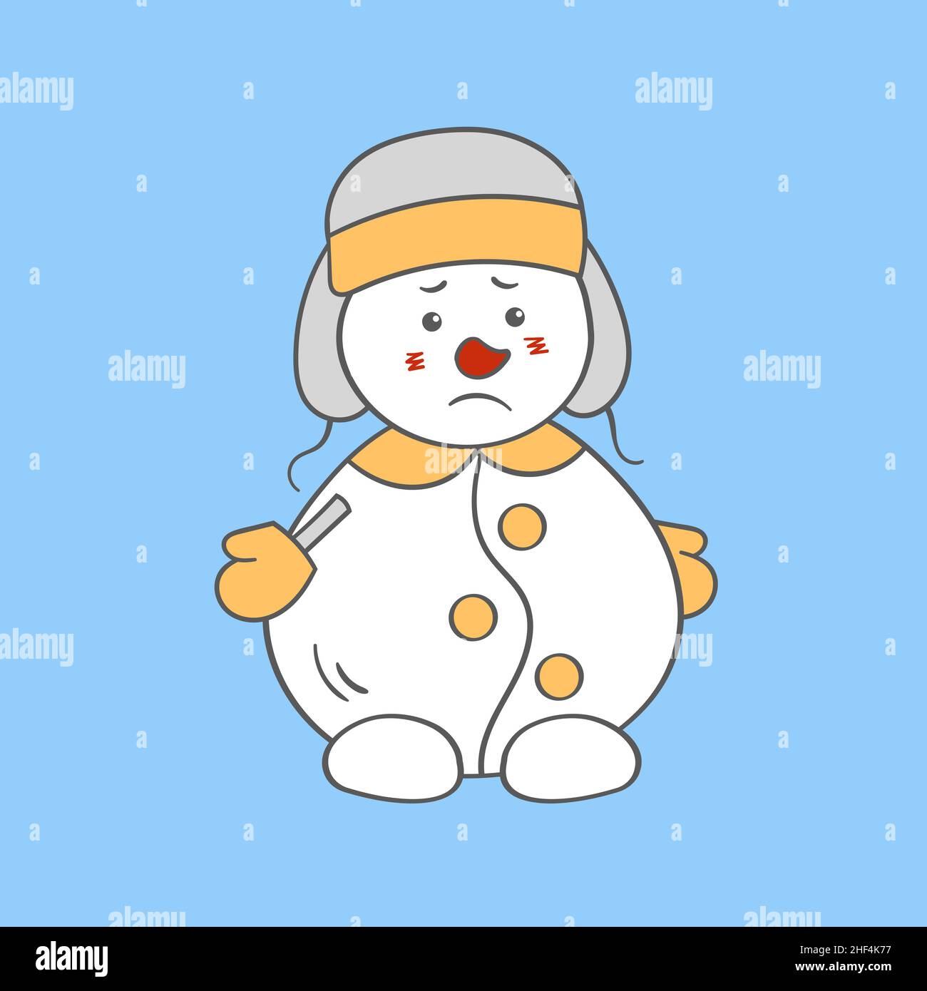 A sad snowman in a winter hat on a blue background. Vector illustration ...