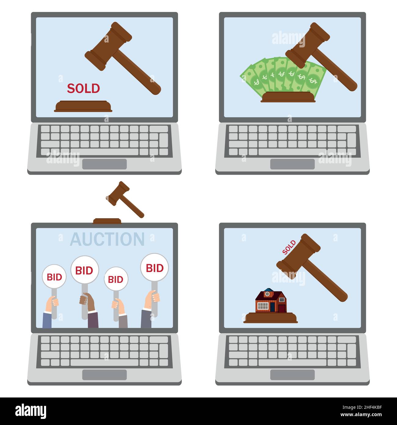 Set of illustrations on the auction theme, color isolated vector ...