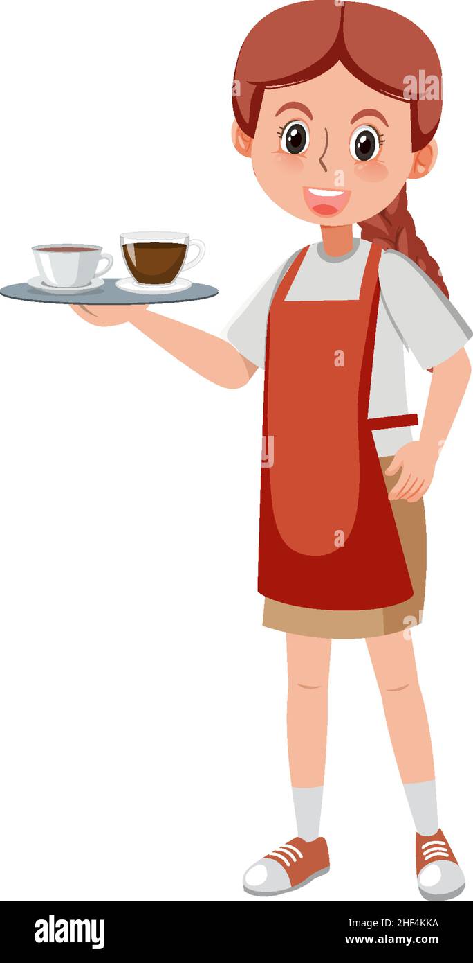 Young female waitress cartoon character on white background ...