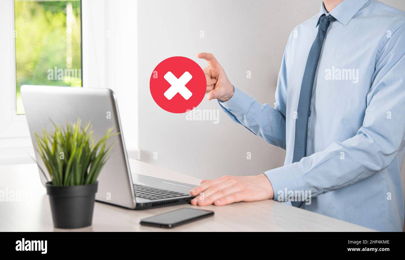 Hand holds icon,cancellation symbol,cancel icon.Cross mark flat red ...