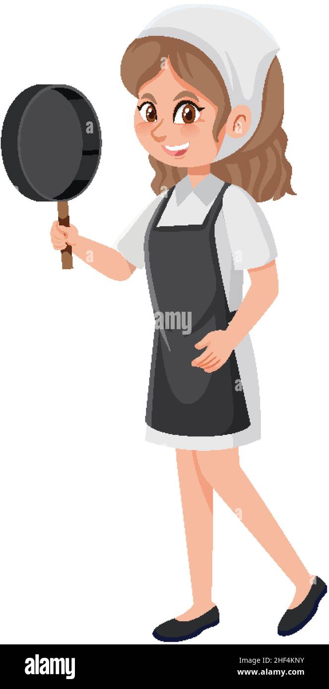 A woman holding a pan wearing apron cartoon character on white ...