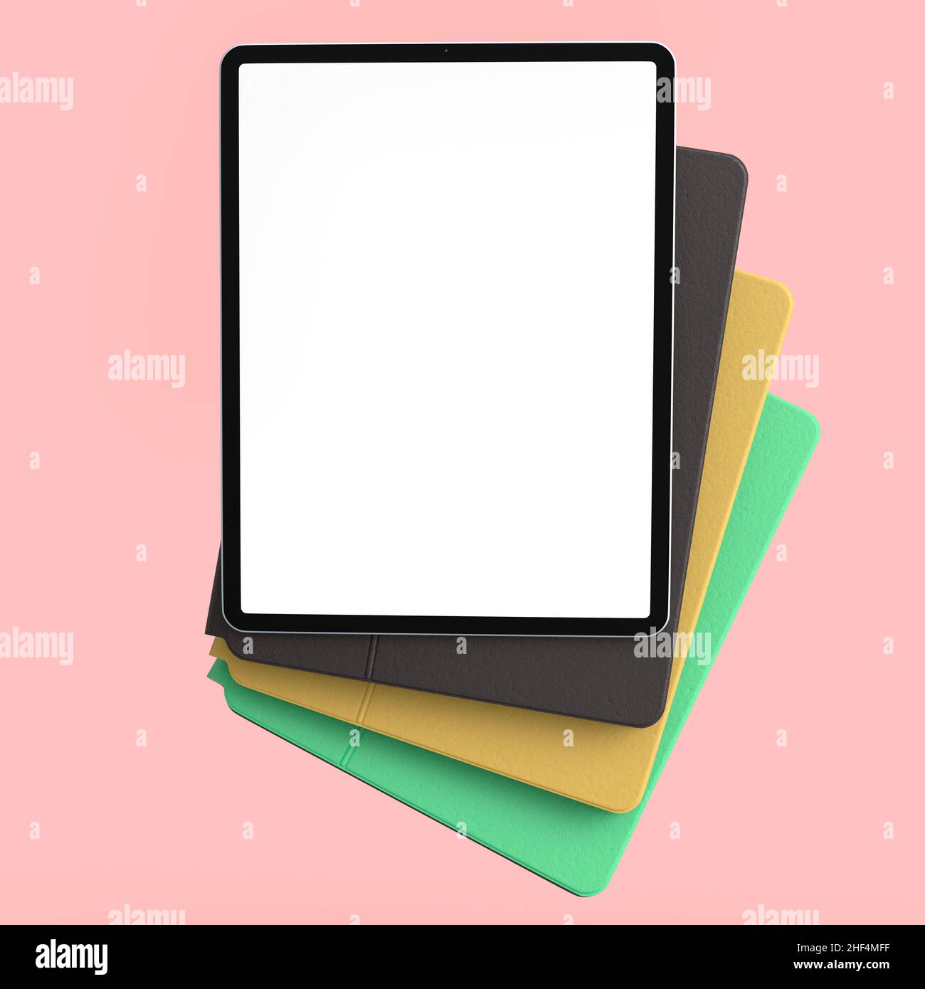 Set of computer tablets with cover case and blank screen isolated on ...