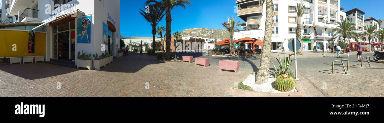 Wide panoramic photo taken in Agadir in Morocco showing the mountains ...