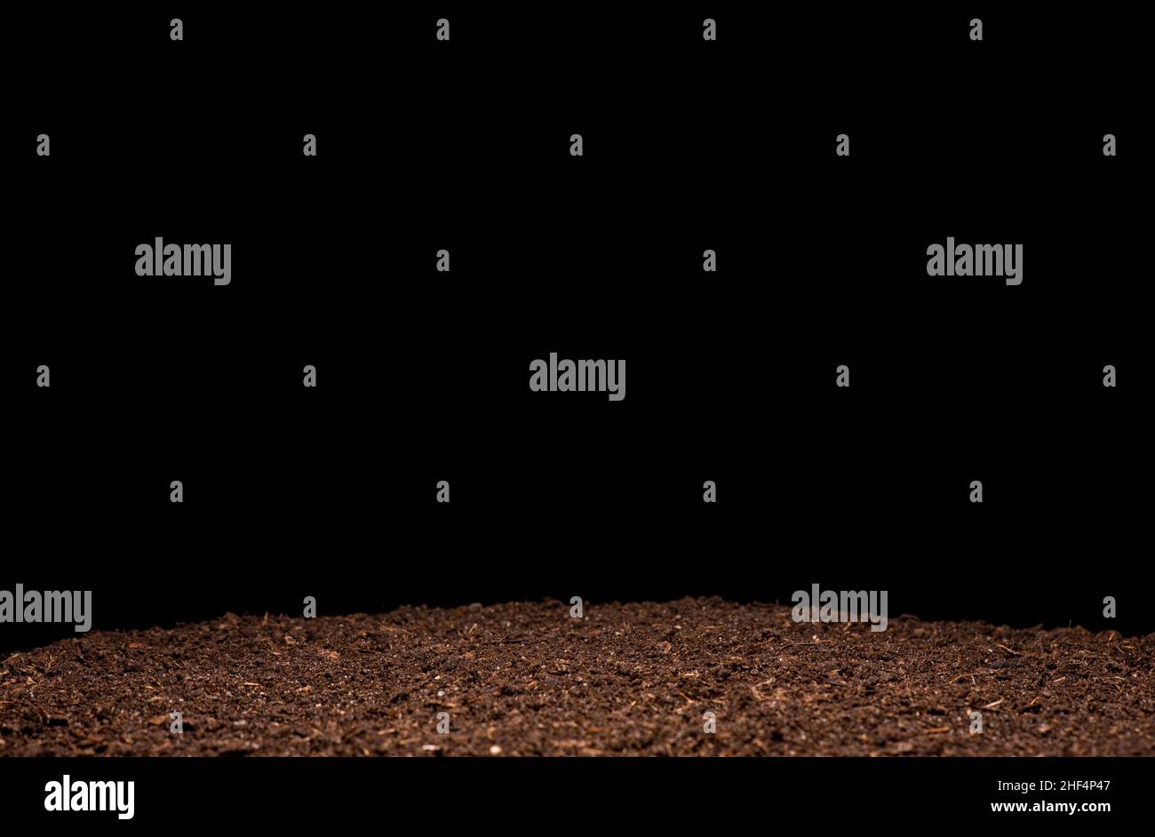 Bio ground, land or soil substrate, peat moss isolated on black ...